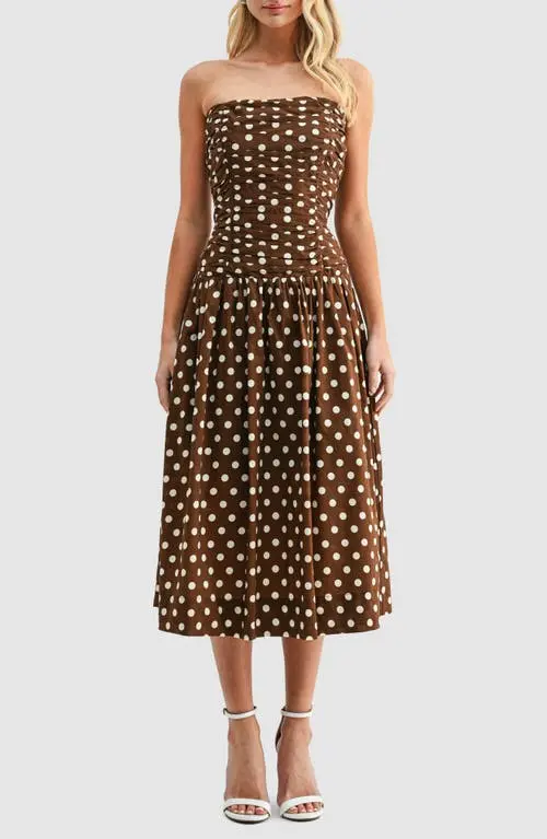 ALL IN FAVOR Polka Dot Strapless Dress - Brown Cream Dot