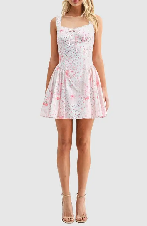 ALL IN FAVOR Mixed Print Lace Detail Fit & Flare Cotton Minidress - Pink Bows