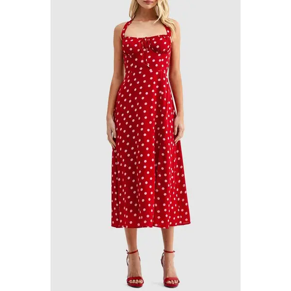 ALL IN FAVOR Dot Halter Midi Dress - Red Pink Dot