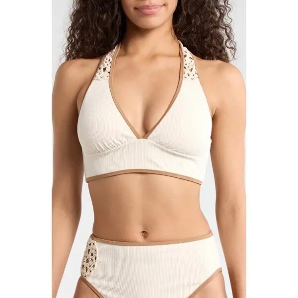 Sanctuary Halter Rib Triangle Bikini Top - White Sand