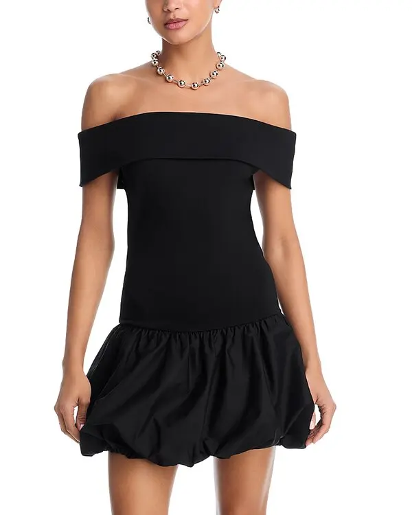 Aqua Ponte Off-the-shoulder Bubble Hem Mini Dress - Black