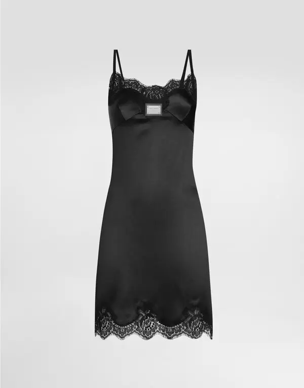 Dolce & Gabbana Short Stretch Satin Slip Dress With Logo Tag - Black