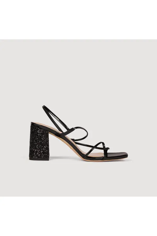 Sandro Patent Leather Sandals With Glitter Heel - Black