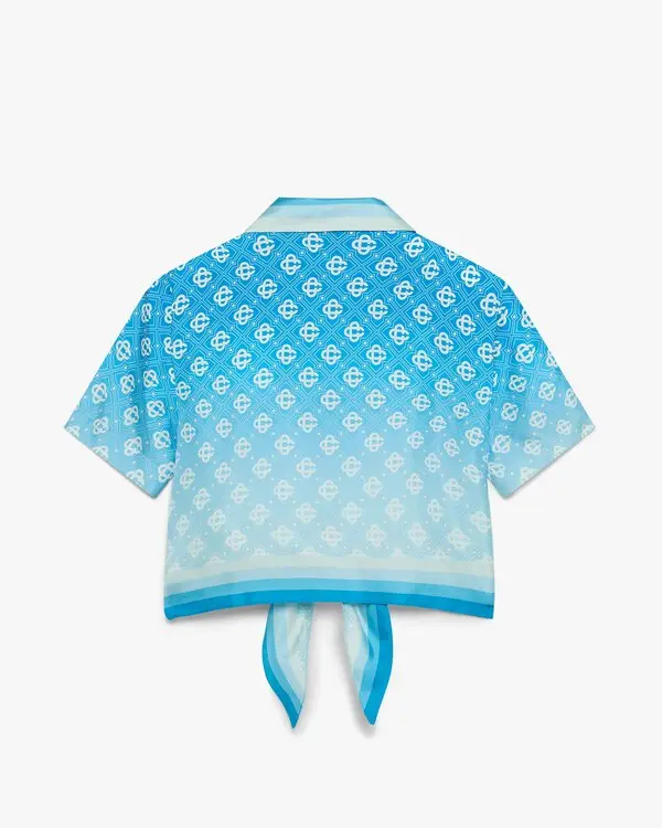 Casablanca Gradient Monogram Knotted Cropped Silk Shirt - Blue