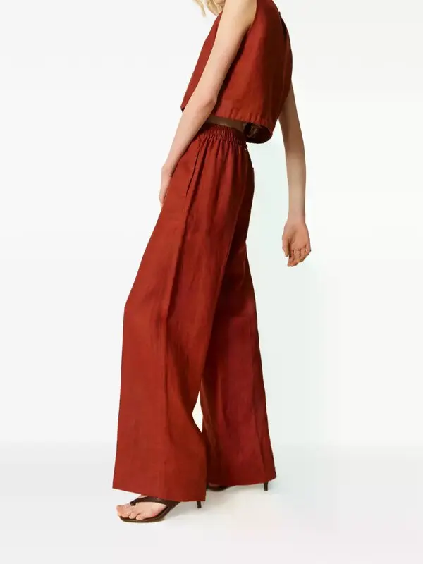 TWINSET Wide Leg Linen Trousers With Embroidered Detail