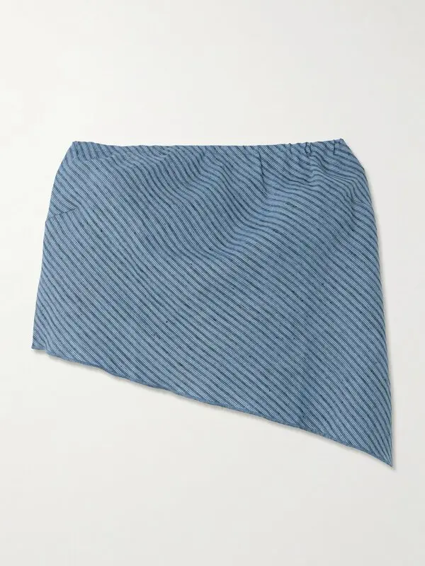 DEIJI STUDIOS Line Strapless Asymmetric Striped Organic Linen Top - Blue