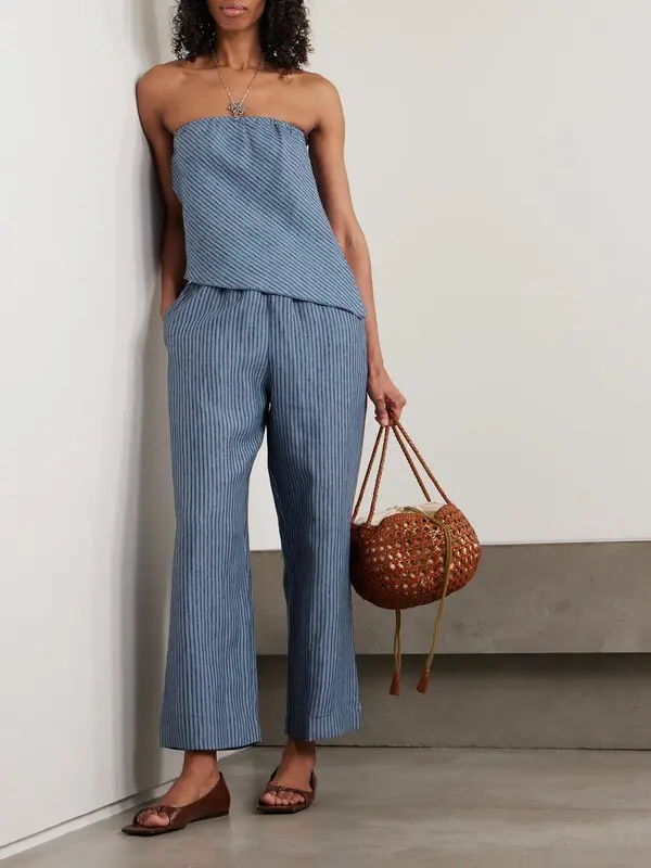 DEIJI STUDIOS Line Strapless Asymmetric Striped Organic Linen Top - Blue
