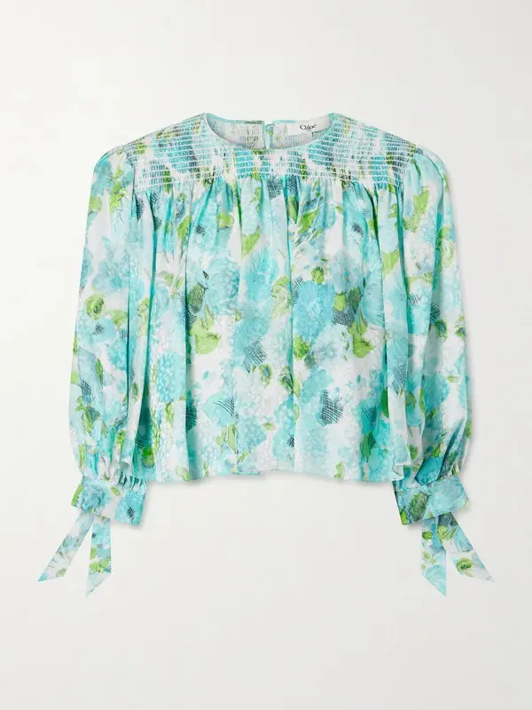 Chloé Cropped Smocked Floral-print Silk-jacquard Blouse - Blue