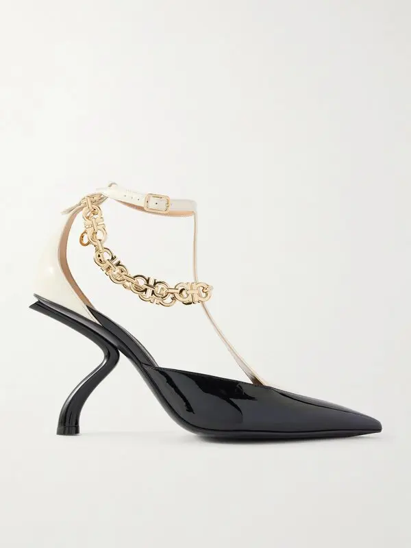 FERRAGAMO Two-tone Patent-leather Pumps With Gold-tone Anklet