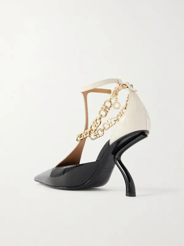 FERRAGAMO Two-tone Patent-leather Pumps With Gold-tone Anklet