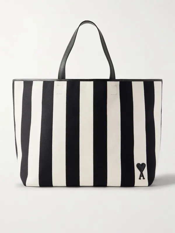 AMI Paris De Coeur Striped Leather-trimmed Cotton-canvas Tote - Multi