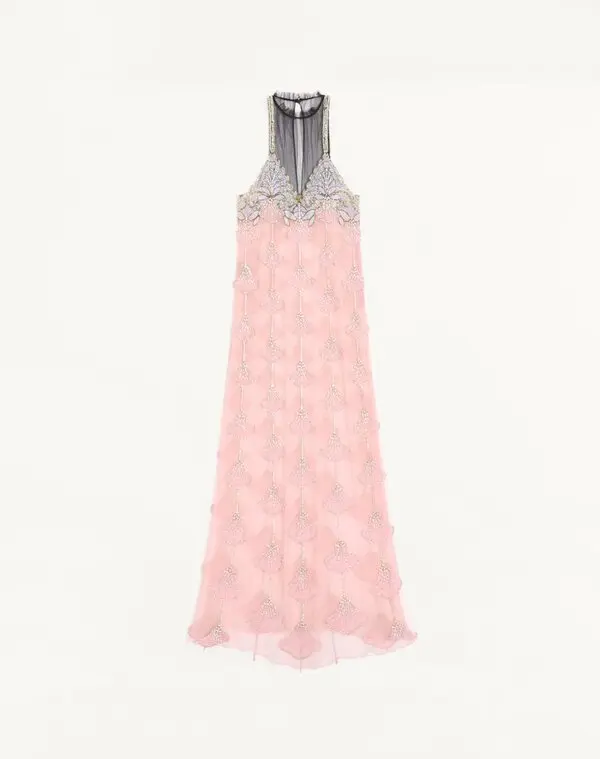 Valentino Garavani Long Dress In Embroidered Tulle Illusione - Pink/silver