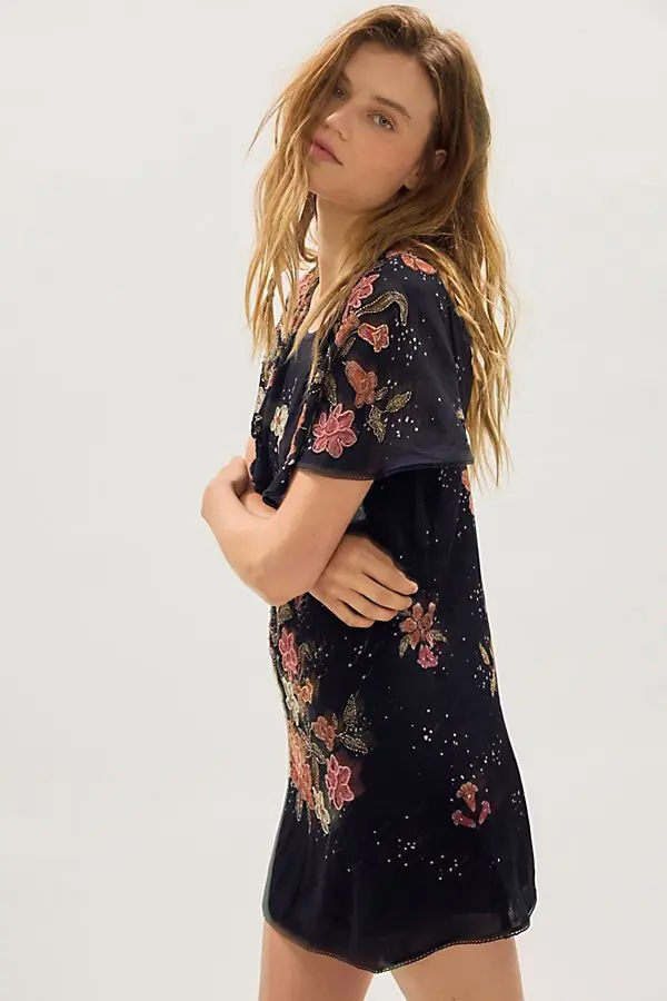 Free People Tropics Beaded Mini Dress - Black Combo
