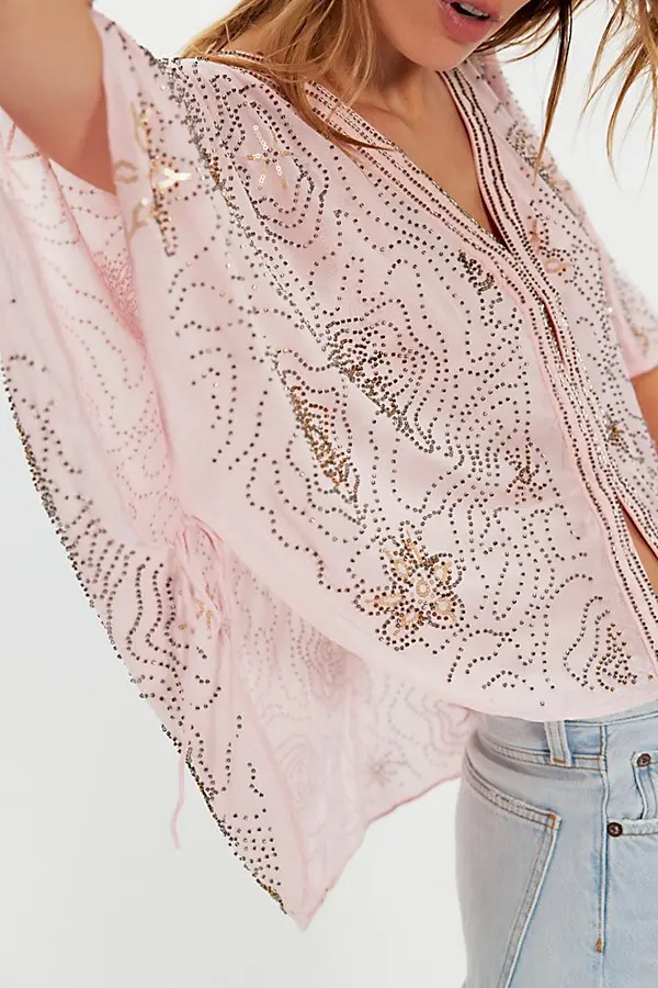 Free People Desert Nights Embellished Cape Top - Sand