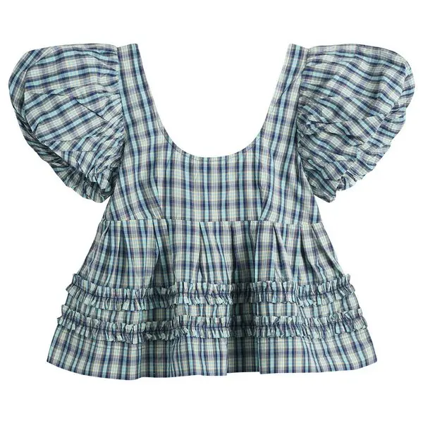 DAMSON MADDER Summer Joy Checkered Puff Sleeve Blouse