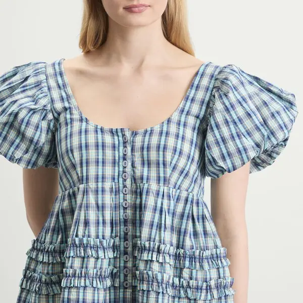 DAMSON MADDER Summer Joy Checkered Puff Sleeve Blouse