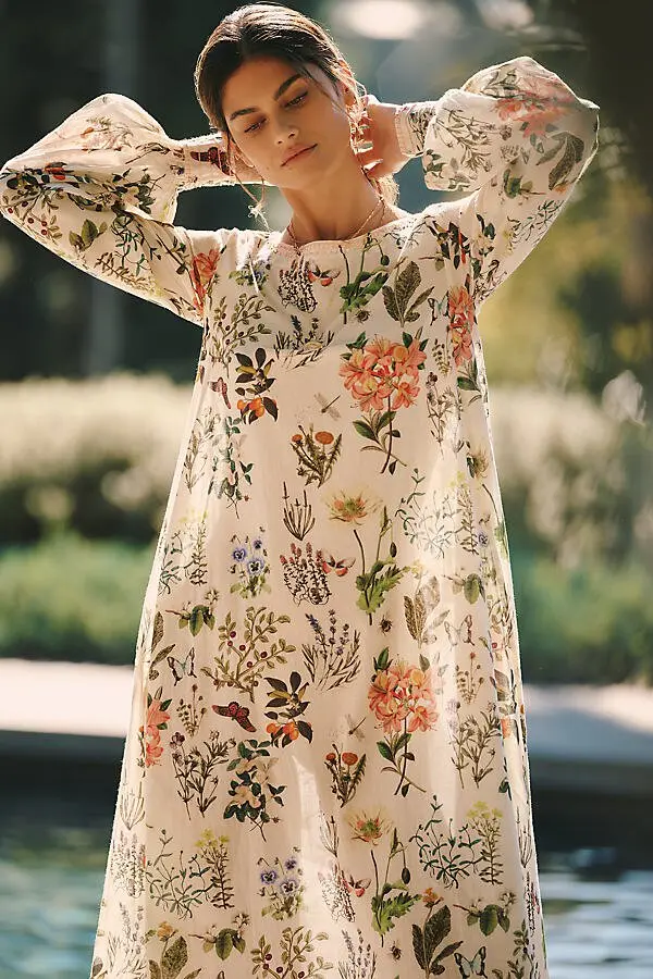RO'S GARDEN Linda Long-sleeve Midi Dress - Botanical Pattern