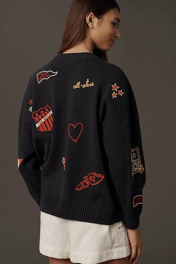 The Great. Embroidered Pullover Sweater - Navy