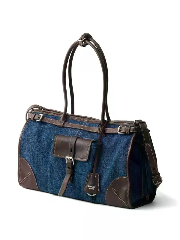 Prada Bonnie Large Denim And Leather Handbag - Blue