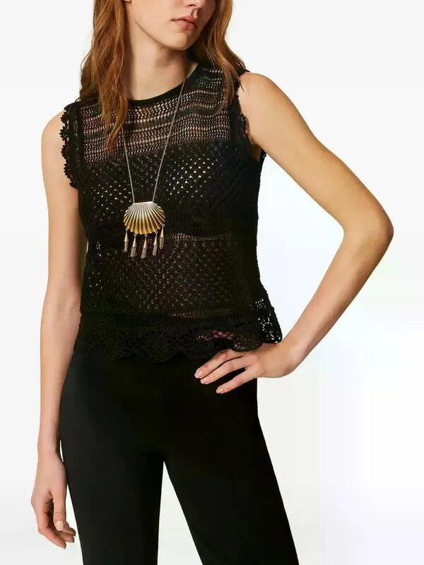 TWINSET Sleeveless Openwork Knit Top With Rhinestones