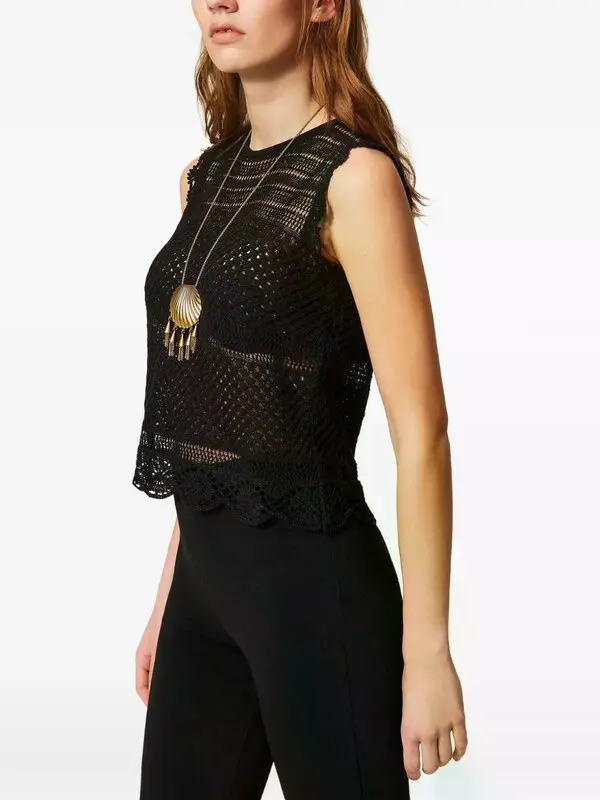 TWINSET Sleeveless Openwork Knit Top With Rhinestones
