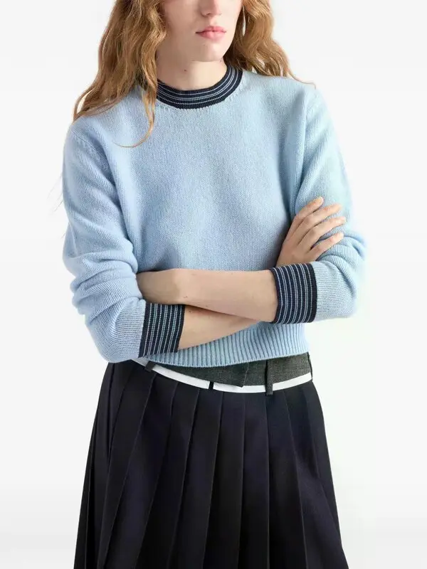 Prada Cashmere Crew Neck Sweater With Striped Cuffs