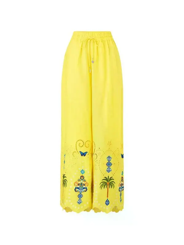 Camilla Embroidered Straight-leg Linen Trousers - Yellow