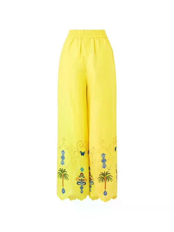 Camilla Embroidered Straight-leg Linen Trousers