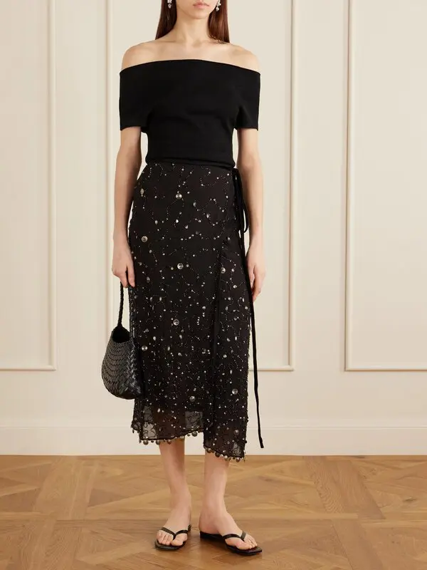 Staud Mer Embellished Chiffon Midi Wrap Skirt