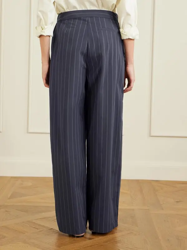 ST. AGNI Pleated Pinstriped Cotton-blend Wide-leg Pants - Blue