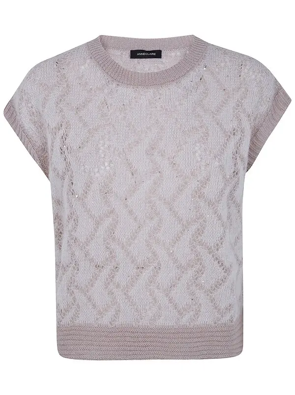 ANNECLAIRE Short Sleeves Round Neck Fine Knit Sweater