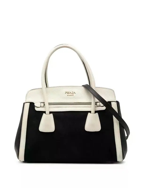 Prada Bicolor Saffiano And Canvas Satchel - Black