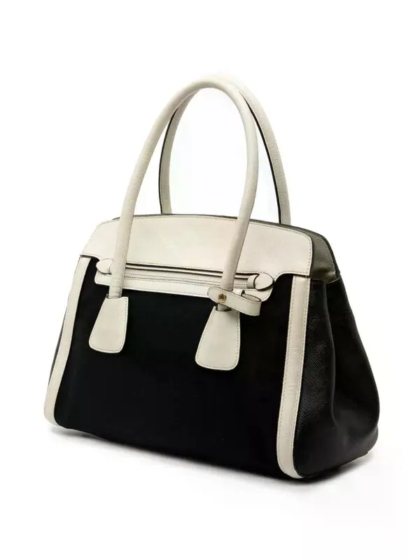 Prada Bicolor Saffiano And Canvas Satchel - Black