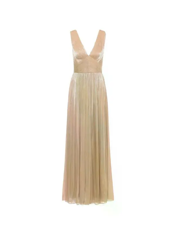 Costarellos Pleated V-neck Gown - Neutrals