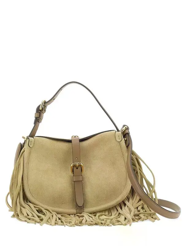 Etro Leather Shoulder Bag With Fringe And Buckle Detail - Neutrals
