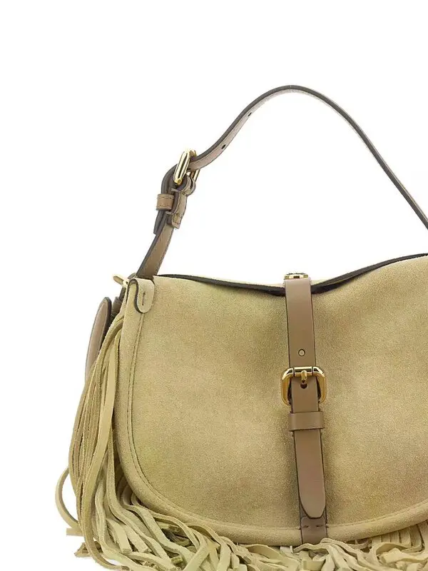 Etro Leather Shoulder Bag With Fringe And Buckle Detail - Neutrals