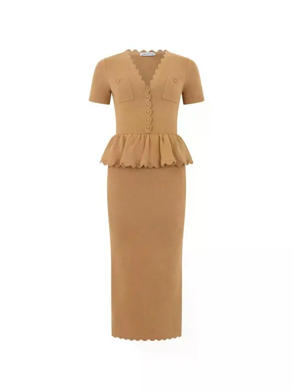 SELF-PORTRAIT Scalloped Peplum Midi Dress - Neutrals