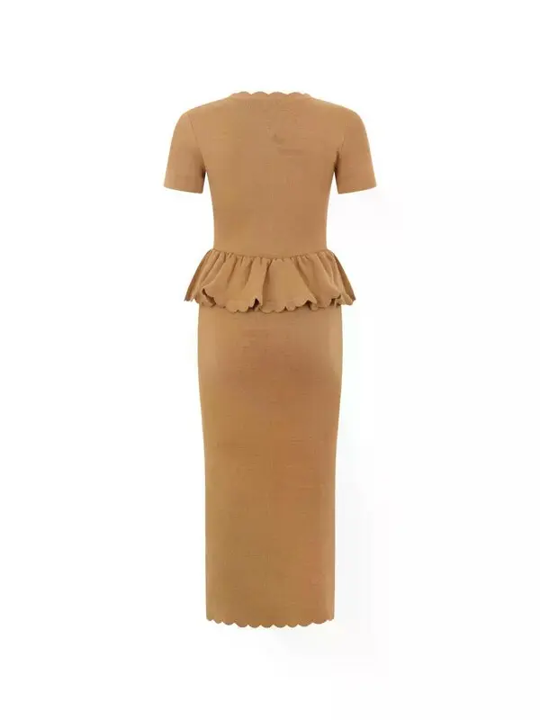 SELF-PORTRAIT Scalloped Peplum Midi Dress - Neutrals