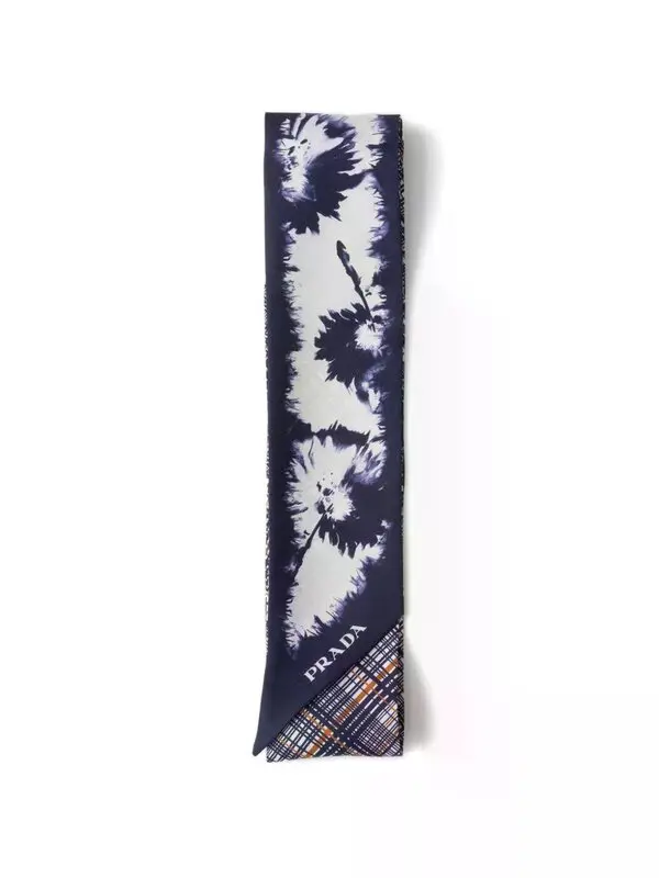 Prada Printed Silk Twill Skinny Scarf - Blue