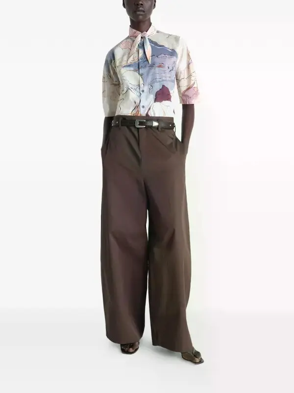 LEMAIRE Short Sleeve Shirt With Integrated Scarf Collar In Aquarel Print Cotton - Neutrals