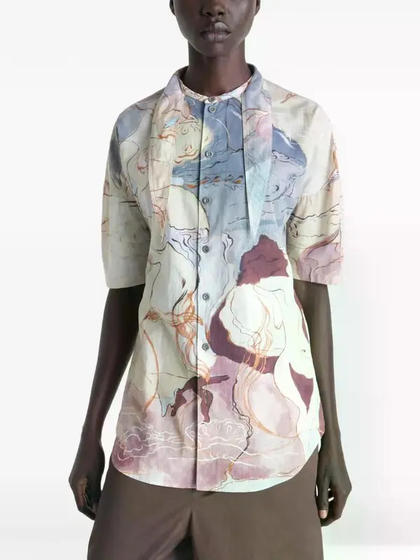 LEMAIRE Short Sleeve Shirt With Integrated Scarf Collar In Aquarel Print Cotton - Neutrals