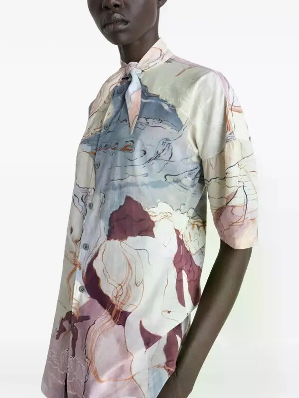 LEMAIRE Short Sleeve Shirt With Integrated Scarf Collar In Aquarel Print Cotton - Neutrals