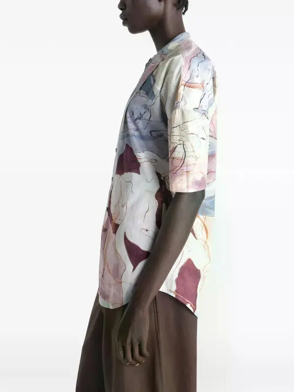 LEMAIRE Short Sleeve Shirt With Integrated Scarf Collar In Aquarel Print Cotton - Neutrals