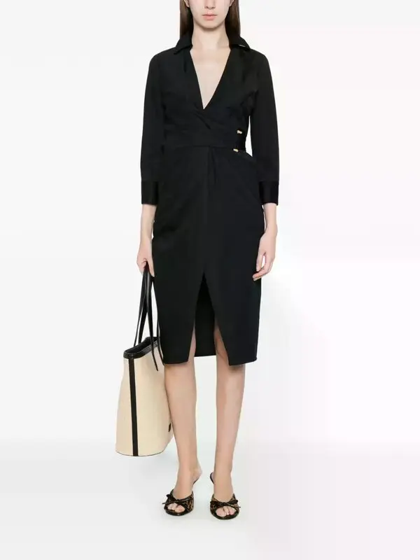Elisabetta Franchi Stretch Cotton Wrap Dress With Shirt Collar - Black