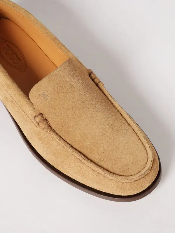 TOD'S Suede Calfskin Loafers With Embossed T Logo And Stud Embellishments - Beige