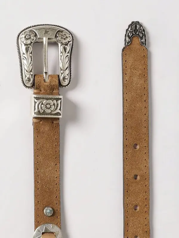 GOLDEN GOOSE Silver Tone Embellished Leather Belt - Beige