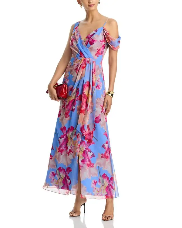 Aqua Floral Satin Burnout Maxi Dress