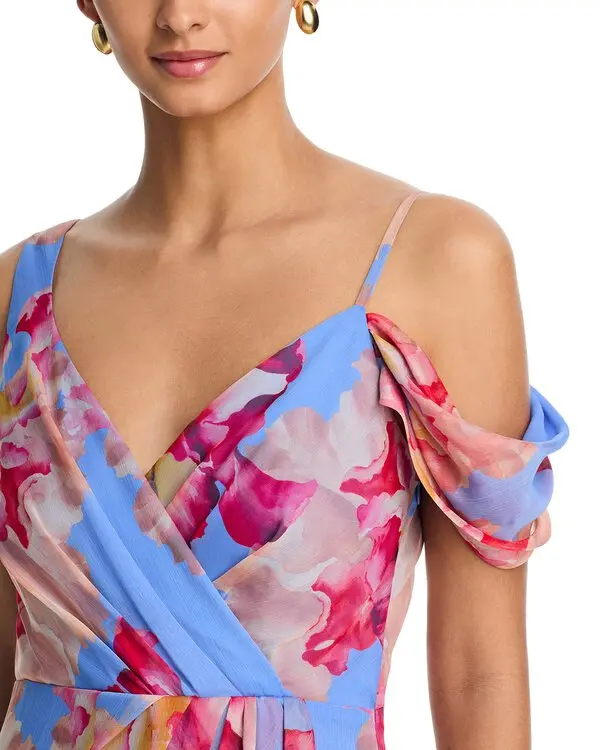 Aqua Floral Satin Burnout Maxi Dress