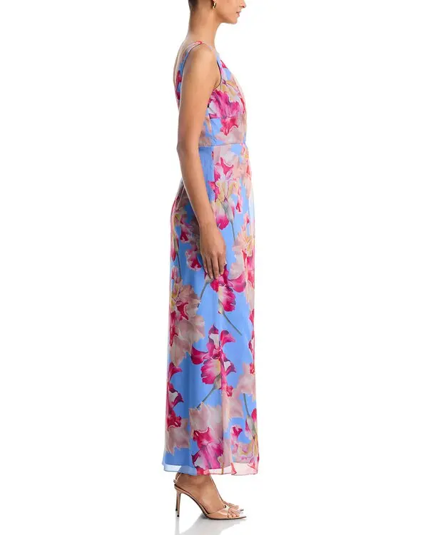 Aqua Floral Satin Burnout Maxi Dress