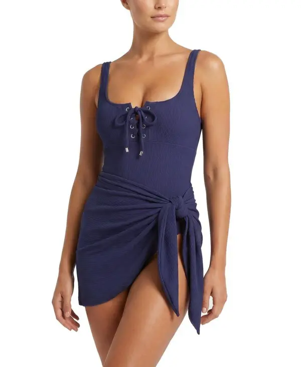 CHANGE OF SCENERY Taylor Lace-up Underwire One-piece Swimsuit - Navy Texture